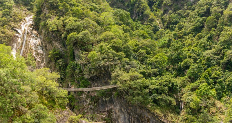 Lush Green Canyon with Suspension Bridge and Cascading Waterfall in ...