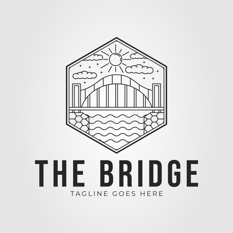 Suspension Bridge or Trestle Over the River Line Art Logo Vector ...