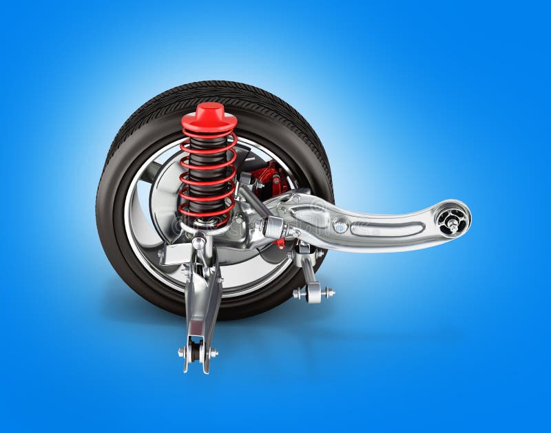 Suspension of the Car with Wheel Side View on Blue Gradient Background ...