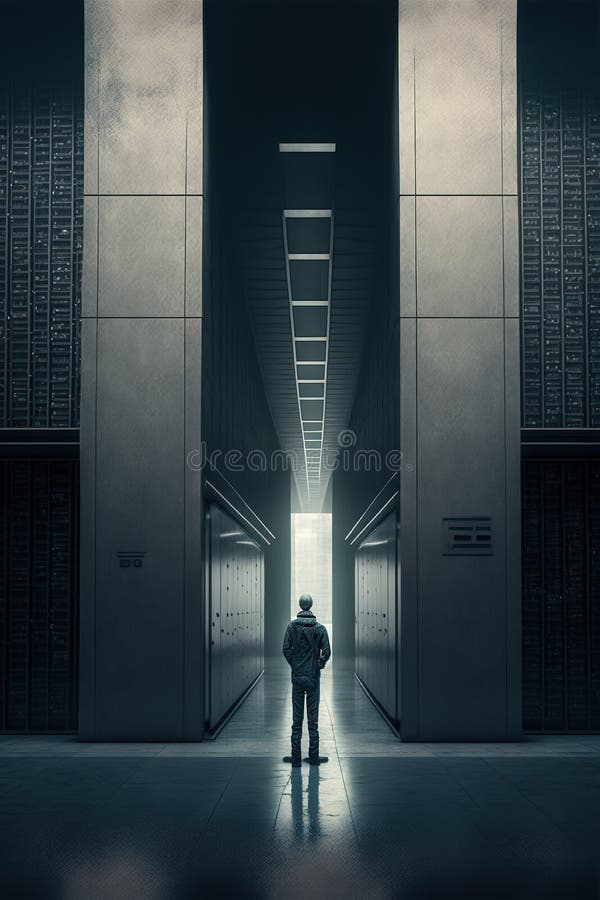 Suspicious Man Standing Inside Data Center Building Hall. Stock ...