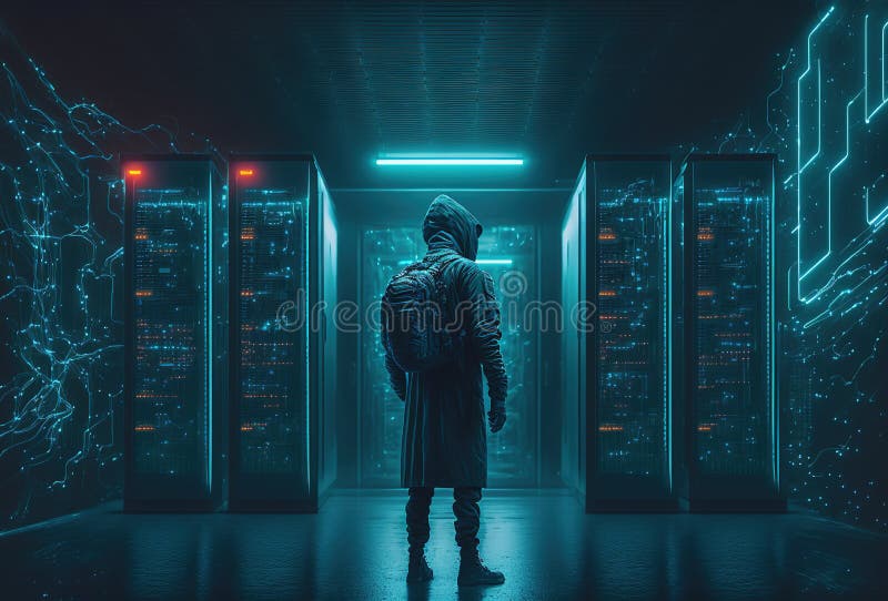 Suspicious Man, Standing Inside Data Server Room. Hacking Concept Stock ...