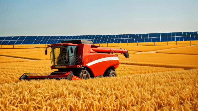 Combine Harvester in Wheat Field with Solar Panels, Generative Ai Stock ...