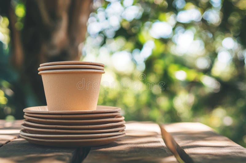 Sustainable Bagasse Plates and Cups Arranged on a Picnic Table in a ...