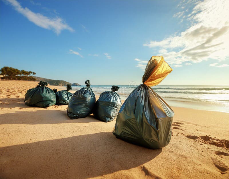 Sustainable Beach Clean-Up Scene Stock Photo - Image of bags, nature ...