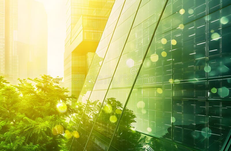 Sustainable Building with Solar Panels and Green Reflections Stock ...