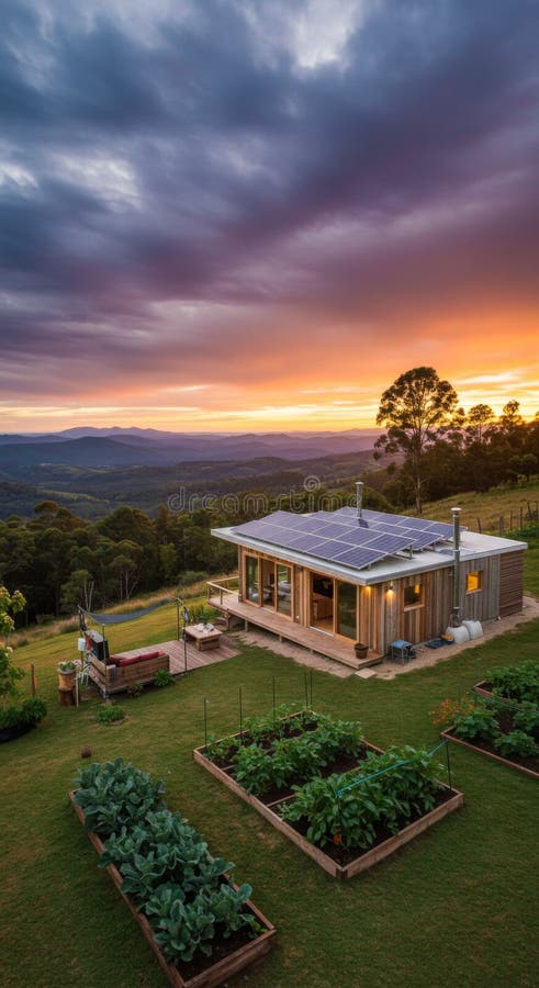 Sustainable Cabin with Solar Panels at Sunset Overlooking Mountain ...