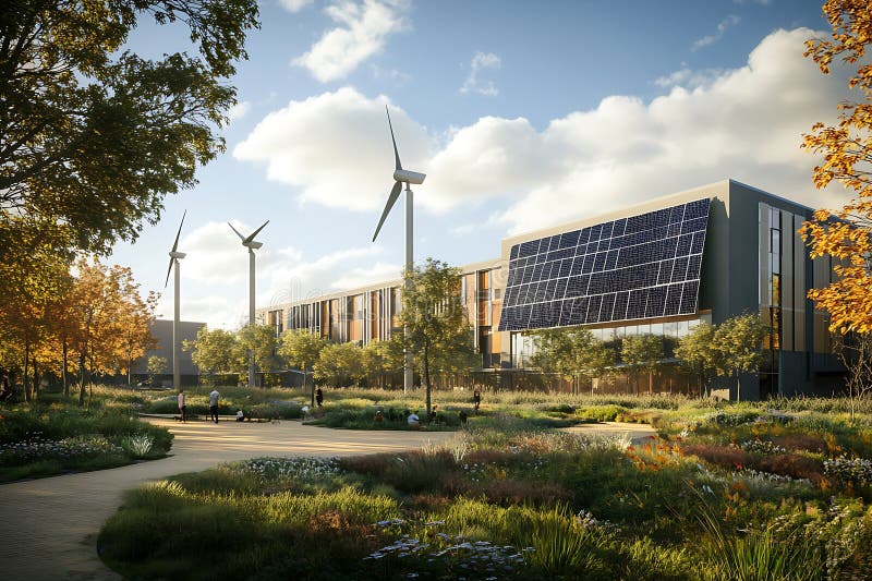 Sustainable Campus with Wind Turbines and Solar Panels Stock ...