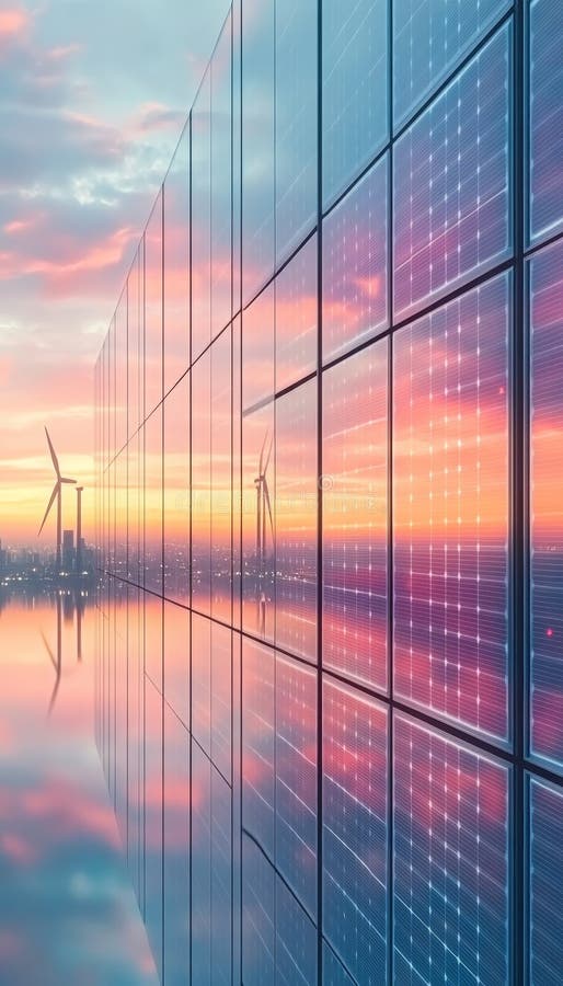 Sustainable Cityscape, Abstract Reflection of Wind Turbines and Solar ...