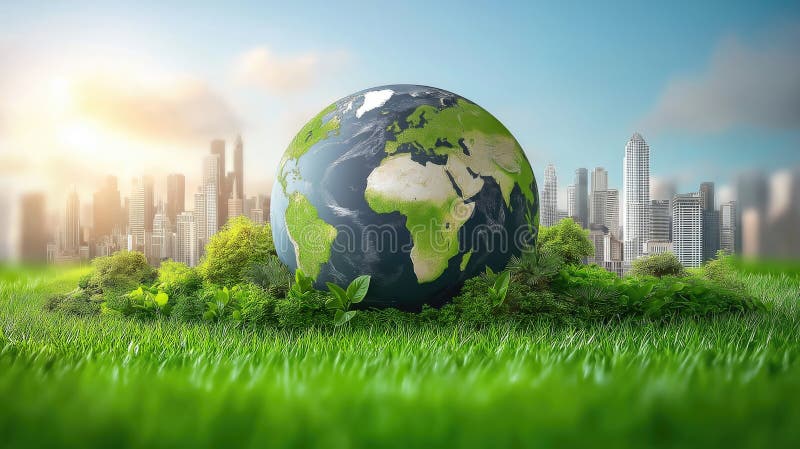 Sustainable Cityscape with Earth Globe and Green Environment in Bright ...