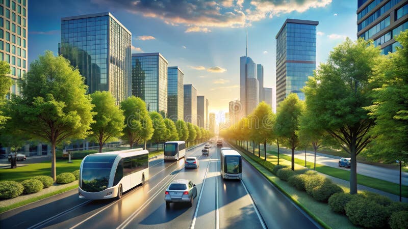 Sustainable Cityscape Urban Transit and Green Architecture at Sunset ...