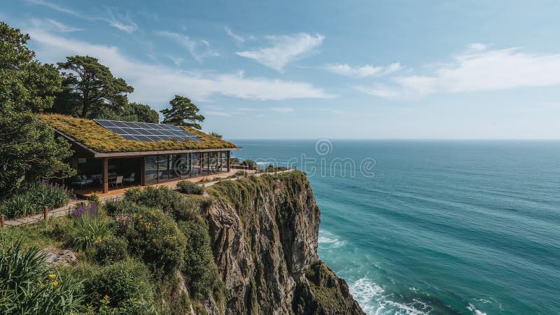 Sustainable Cliffside Home with Ocean View Stock Photo - Image of ...