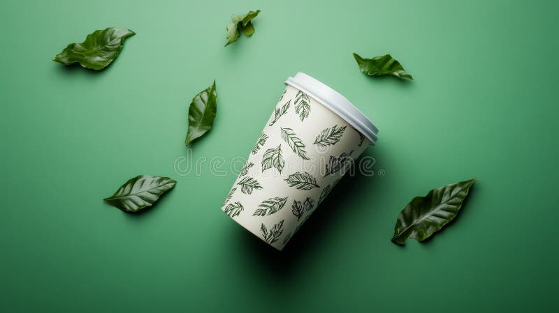 Sustainable Coffee Cup with Leaf Design on Green Background Surrounded ...