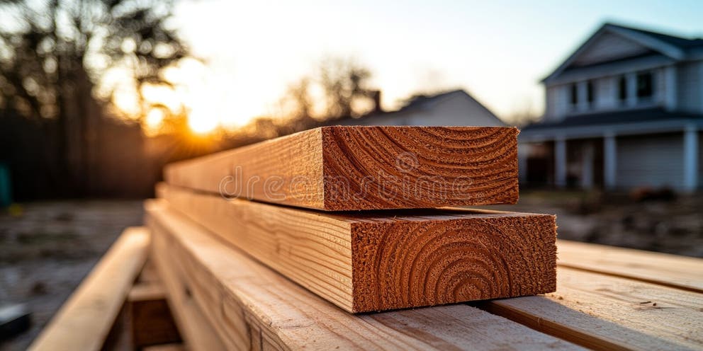 Sustainable Construction Stack of Wooden Planks at Sunset, Emphasizing ...