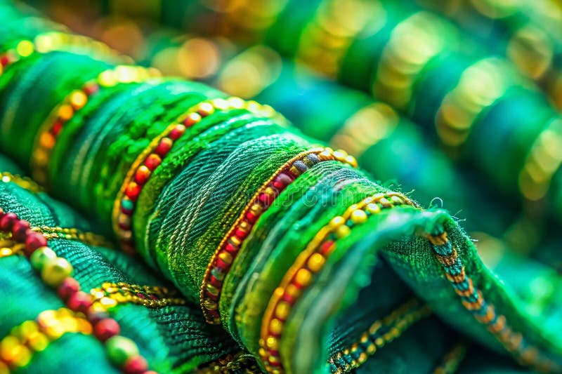 Sustainable Crafting Green Fabric Strips Showcase Creative Needlework Techniques and Upcycled ...