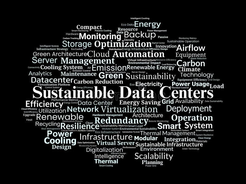 Sustainable Data Centers Word Cloud. Key Terms in Energy, Efficiency, Cooling, and Storage Stock ...