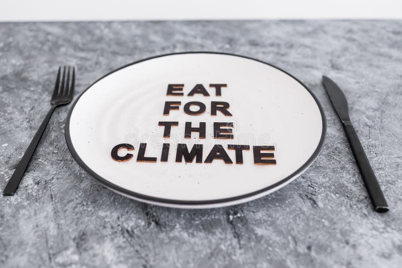 Sustainable Diet, Eat for the Climate Text on Plate with Fork and Knife ...