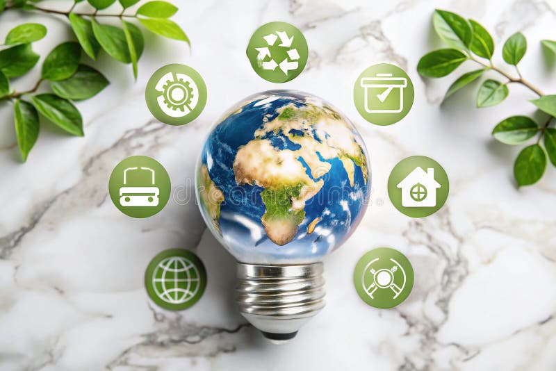 Sustainable Earth Lightbulb with Recycling Icons Stock Illustration ...