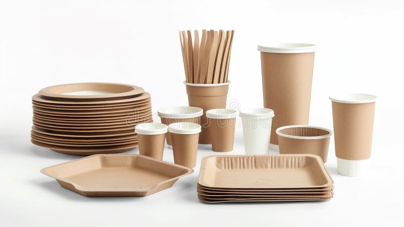 Sustainable and Eco-Friendly Disposable Paper Tableware Set on White ...
