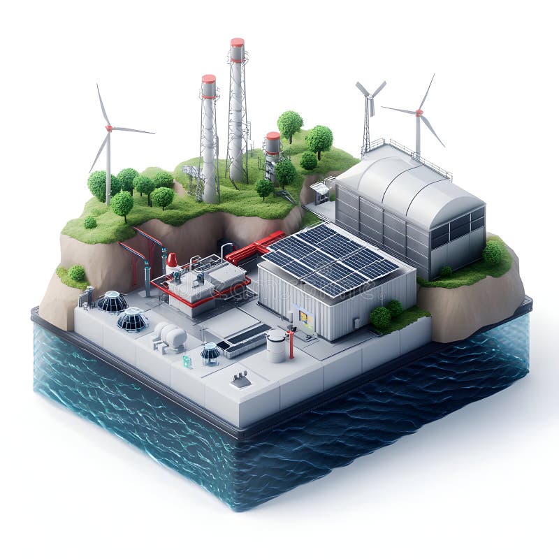 Sustainable Energy Complex on an Island, Shown in Isometric View Stock ...