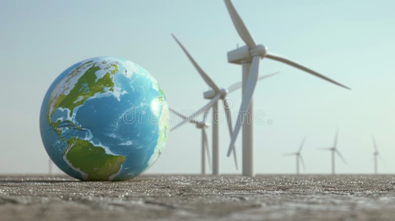 Sustainable Energy Concept: Earth Globe with Wind Turbines Background ...