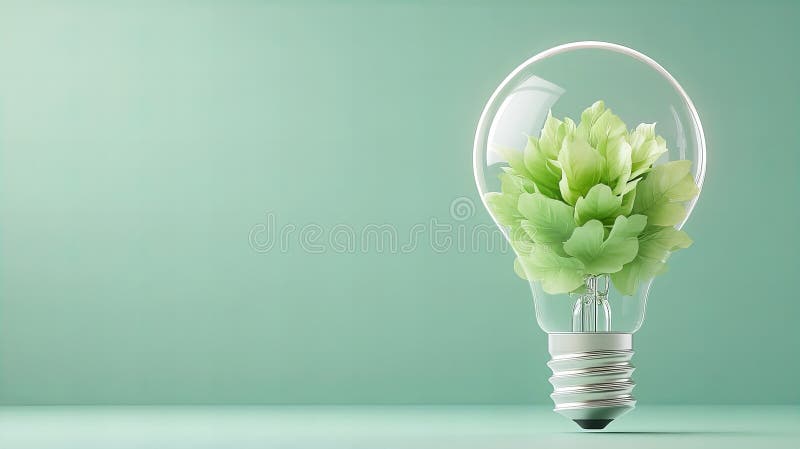 Sustainable Energy Concept: Green Leaves Inside Light Bulb on Green ...