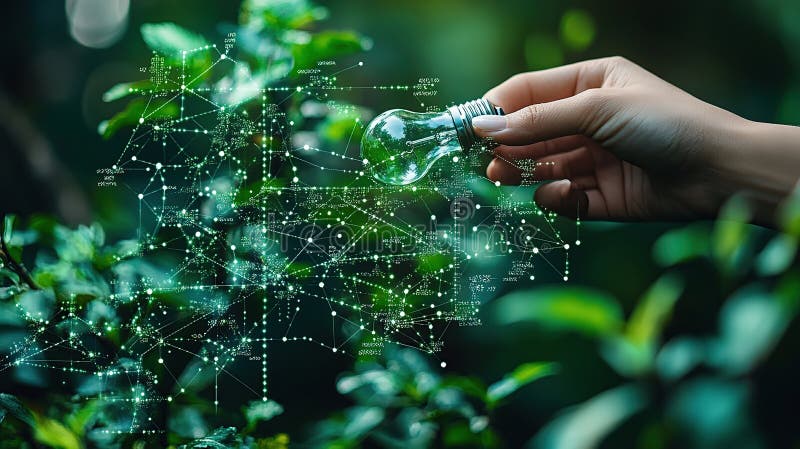 Sustainable Energy Concept, Hand Holding Lightbulb, Forest Background ...