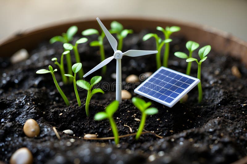 Sustainable Energy Concept with Seedlings Wind Turbine and Solar Panel ...