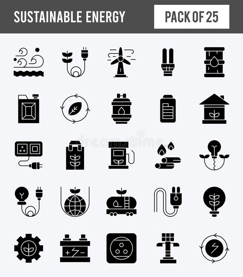 25 Sustainable Energy Glyph Icon Pack. Vector Illustration Stock Vector ...
