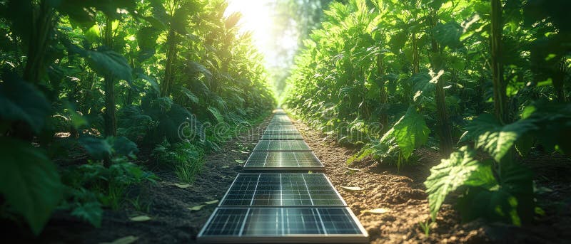 Solar Panels in a Lush Green Pathway Stock Illustration - Illustration ...
