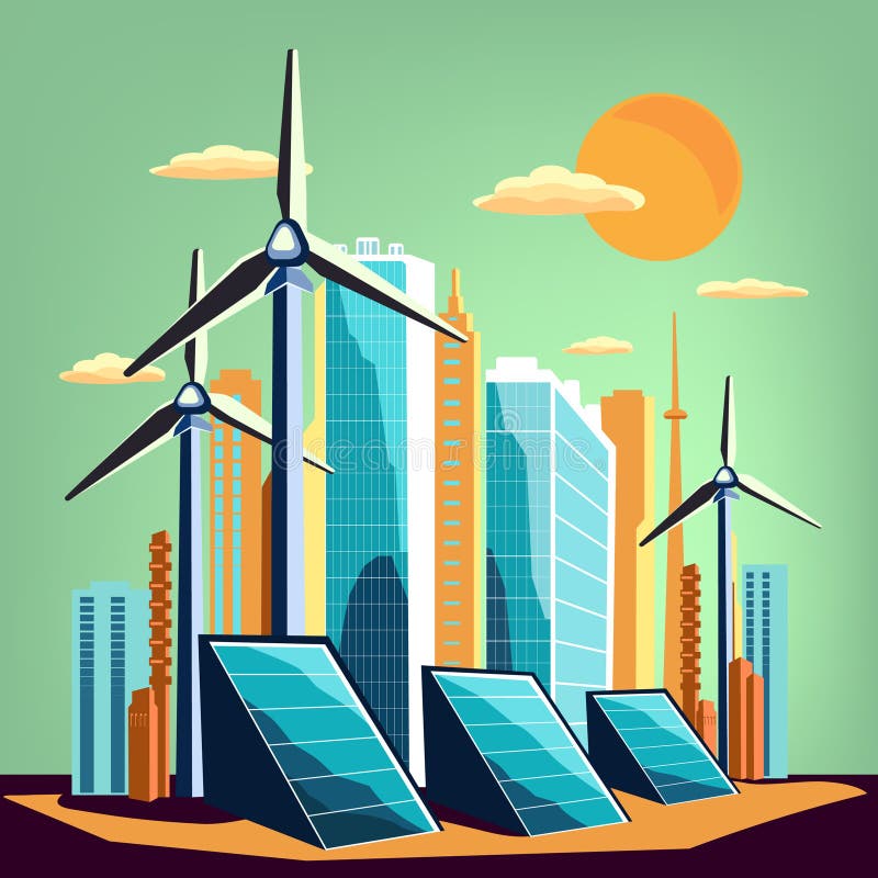 Sustainable Energy Solution, Solar Panels and Wind Turbines Vector ...