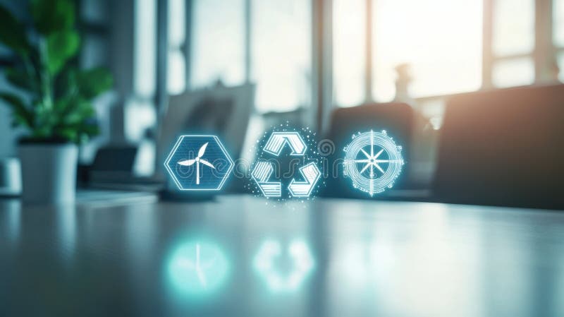 Sustainable Energy Solutions and Recycling Symbols in Modern Office ...