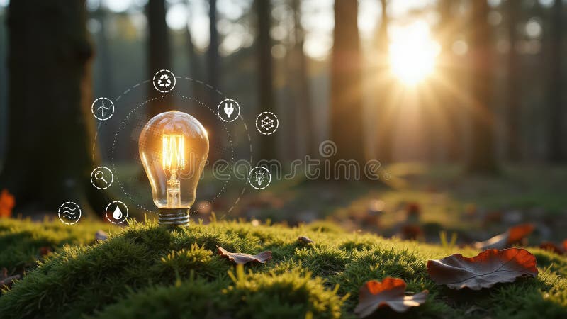 Sustainable Energy Sources, Light Bulb and Icons Stock Illustration ...