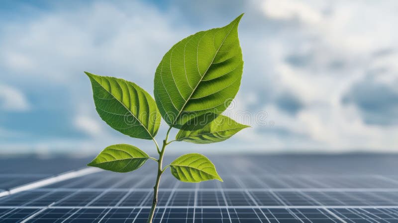Sustainable Energy Symbolized, Green Leaf on Solar Panel Illustrates ...