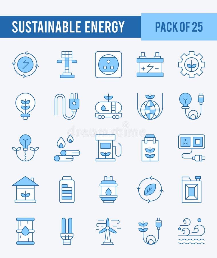25 Sustainable Energy. Two Color Icons Pack. Vector Illustration Stock ...