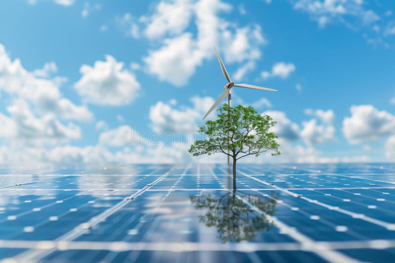 Sustainable Energy Wind Turbine, Solar Panel, and Tree in Harmonious ...
