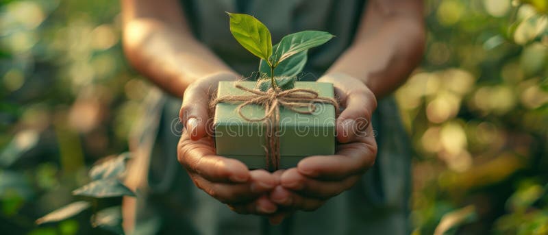 Hands Holding Sustainable Product in Green Packaging, Promoting ...