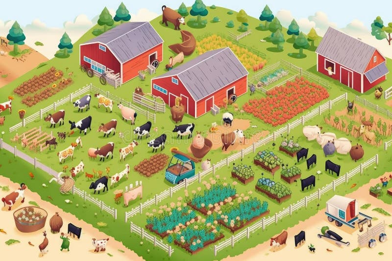Sustainable Farm, with Rows of Crops and Animals for Food Stock ...