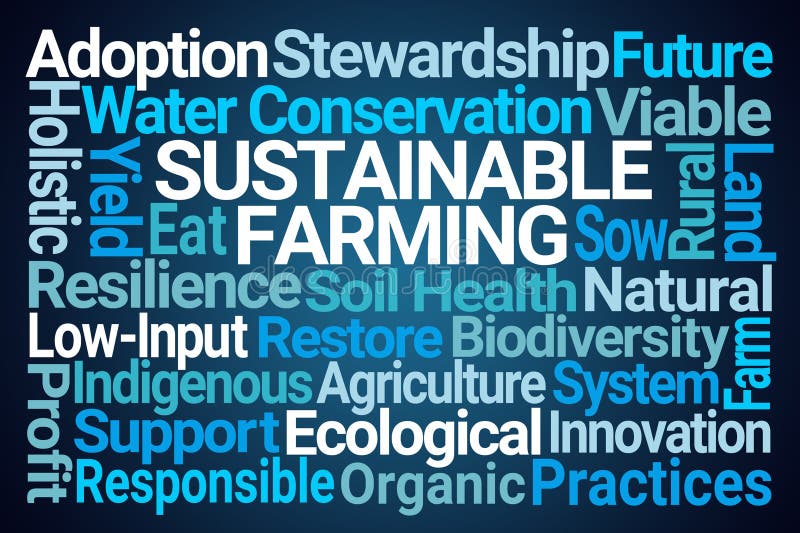 Sustainable Farming Word Cloud on Blue Background Stock Illustration ...