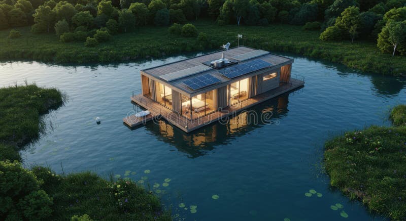 Sustainable Floating Home with Solar Panels in a Serene Lake Landscape ...