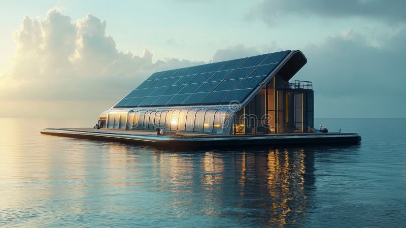 Sustainable Floating Solar House on Calm Ocean at Sunset Stock ...