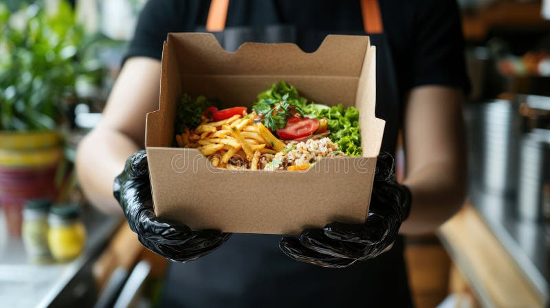 Sustainable Food Packaging with Fresh Salad and Fries in Box Stock ...