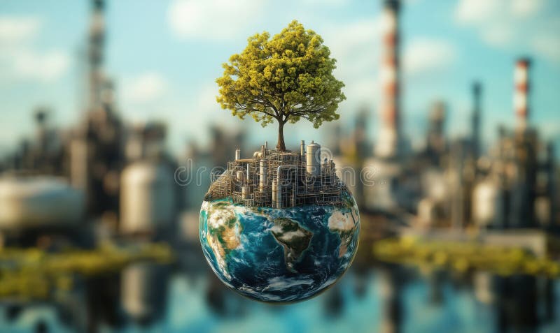 Sustainable Future Concept with Tree Growing on Industrial City Globe ...
