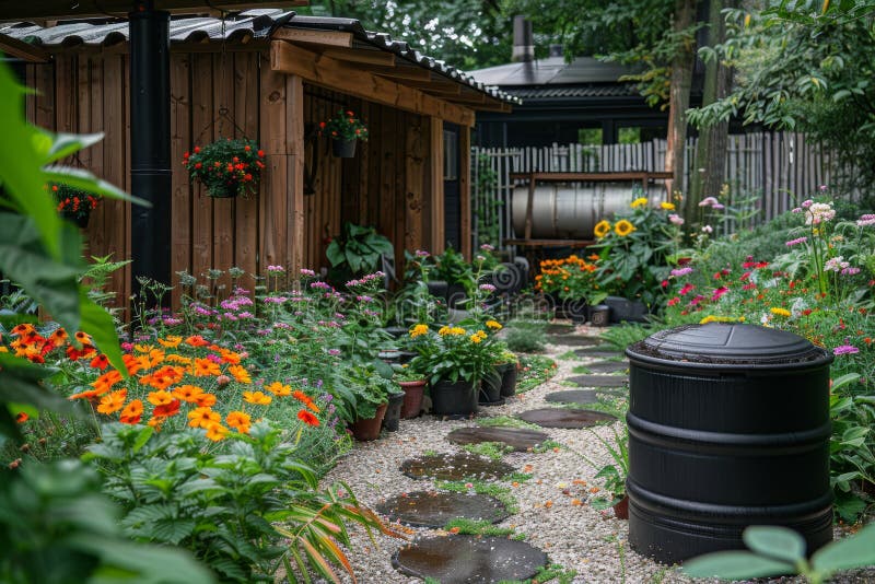 A Sustainable Garden with a Compost Bin and Rainwater Collection System ...