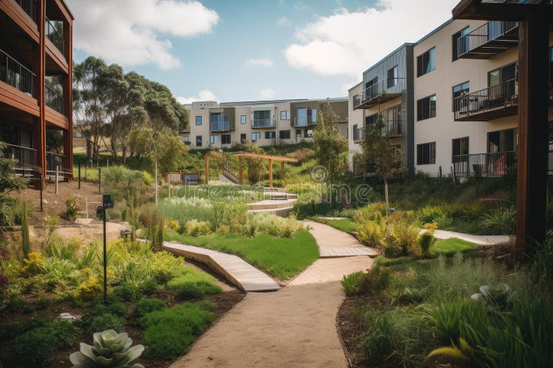 Sustainable and Green Community, with Walking Paths and Gardens Stock ...