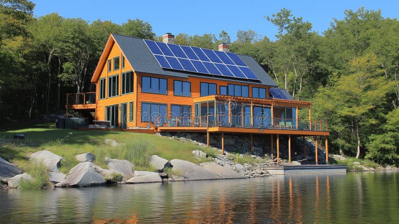 Sustainable Home with Solar Panels and Large Windows for Passive Solar ...