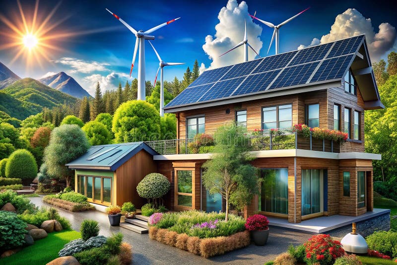 Sustainable Home with Solar and Wind in Mountain Setting Stock ...