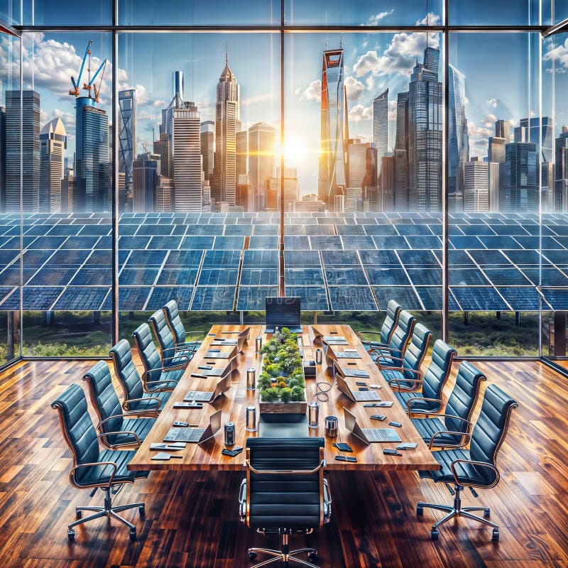 Sustainable Meetings: Conference Room with Solar Panel View, Generative ...