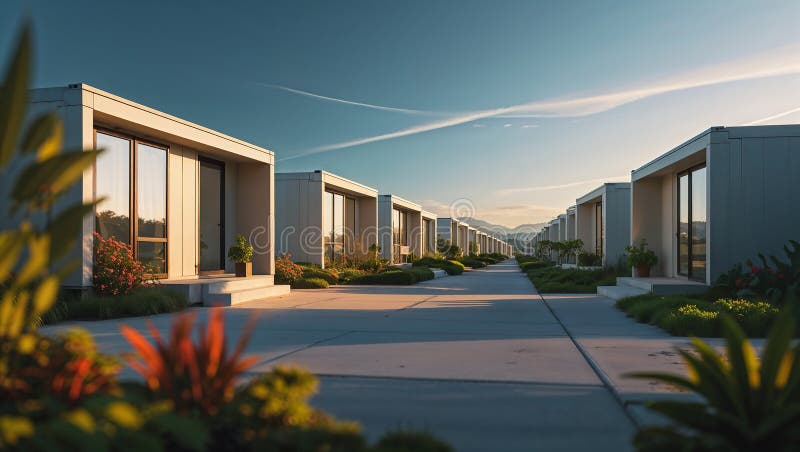 Sustainable Modular Homes in a Row at Sunset Create an Eco Friendly ...