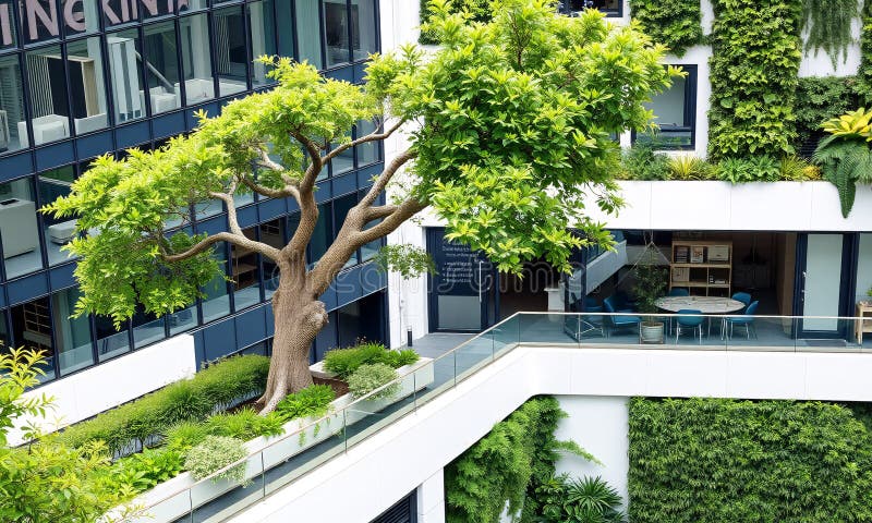 Sustainable Office Building with a Striking Tree Growing through a ...
