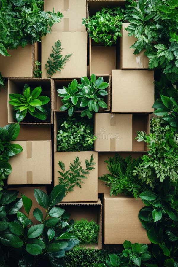 Sustainable Packaging, Cardboard Boxes Filled with Plants Represent Eco ...